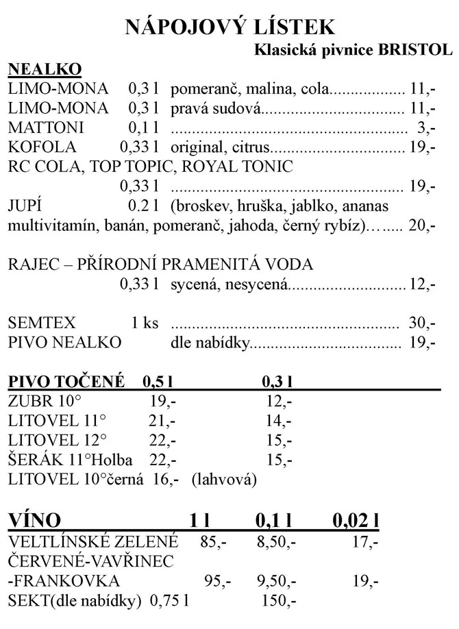 Nápojový lístek – pivnice | Pivnice Bristol Znojmo